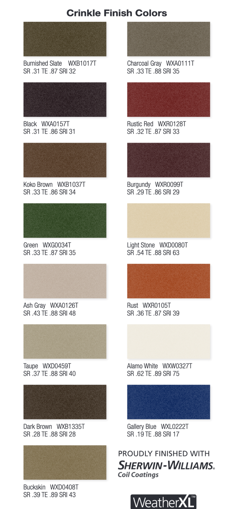 Crinkle Texture Colors METAL ROOFING, SIDING, AND TRIM - MADE IN U.S.A.
